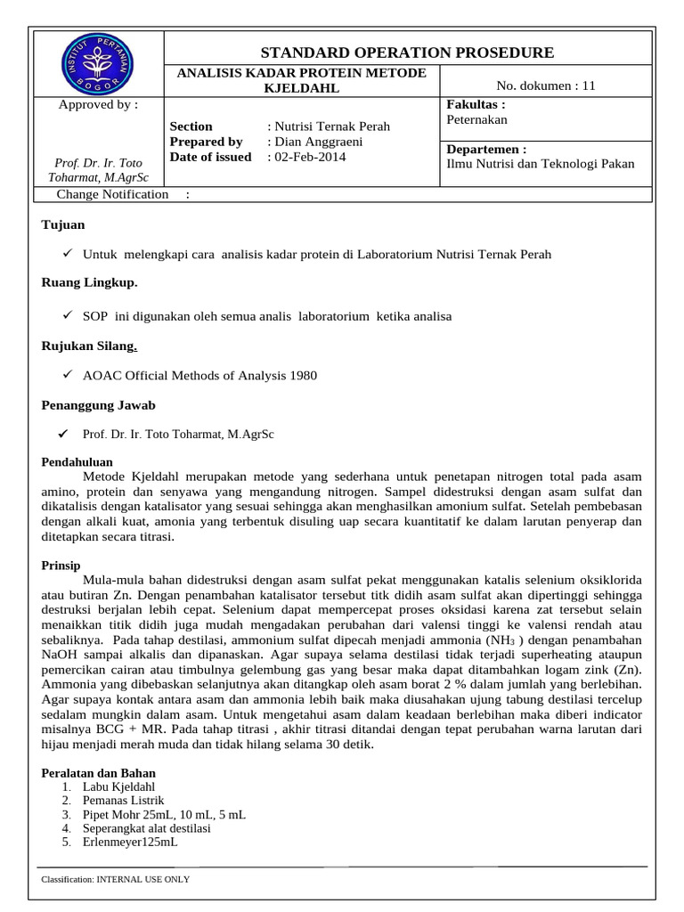 SOP Analisis Kadar Protein Metode Kjeldahl | PDF