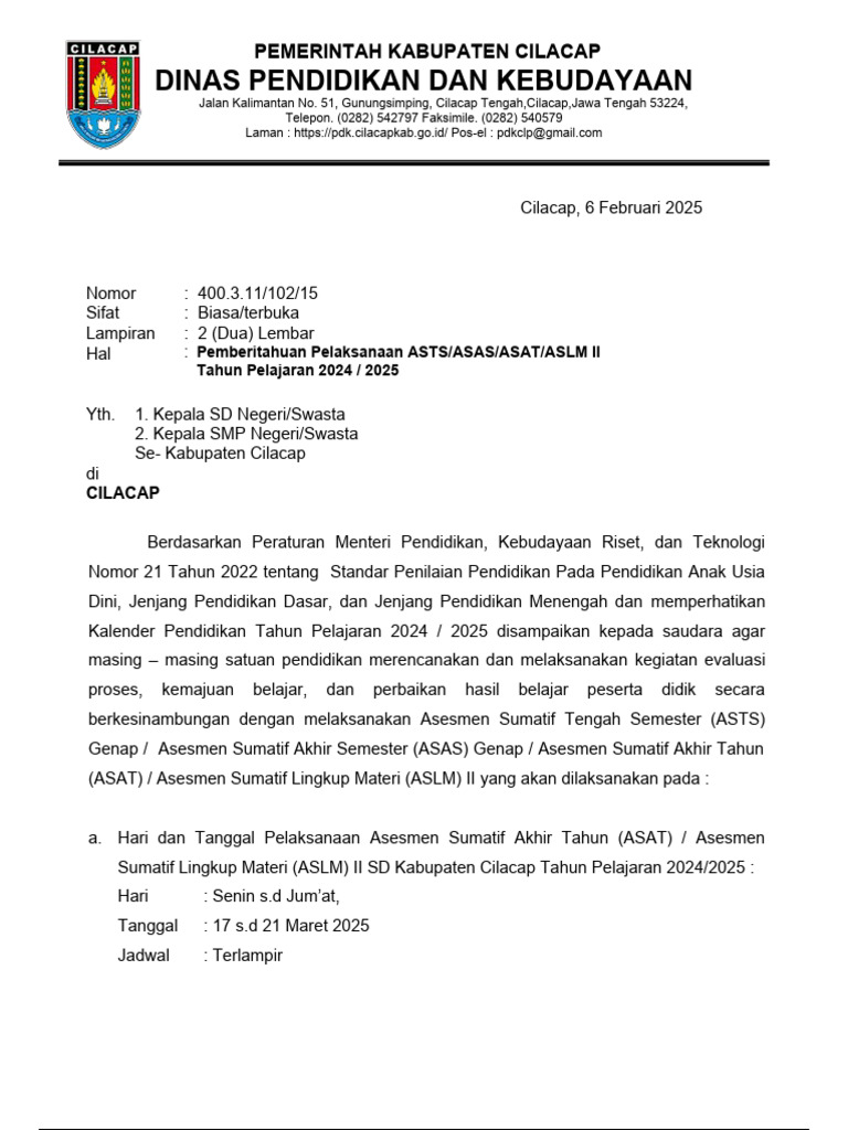 Pemberitahuan Pelaksannaan Asts Genap, Asas Genap, Asat Dan Aslm Ii Tahun Pelajaran 2024 2025 | PDF
