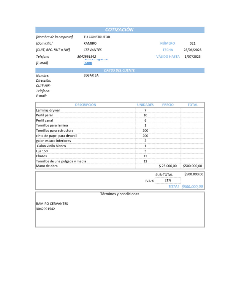 Cotizacion Segar Sa | PDF