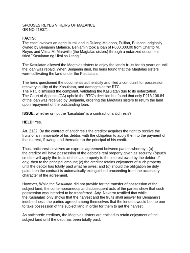 SPOUSES REYES Vs HEIRS OF MALANCE | PDF | Debt | Loans