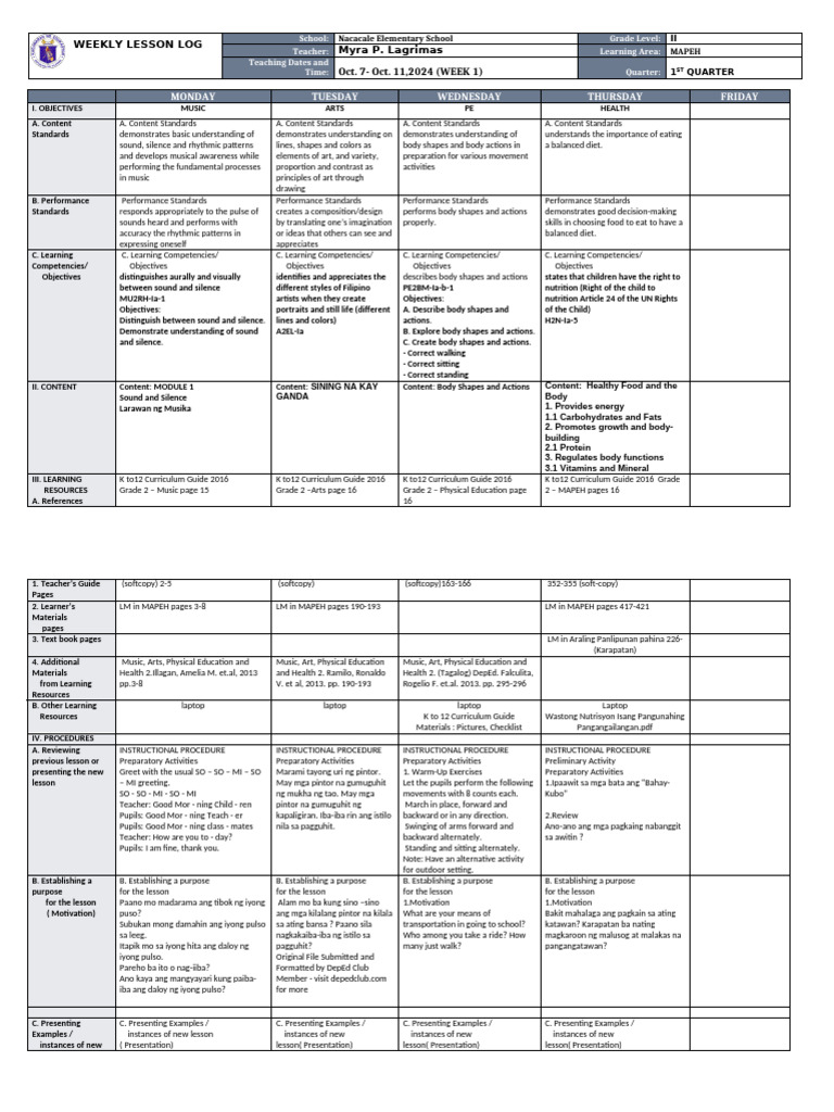 DLL_MAPEH-2_Q1_W1 | PDF | Learning | Foods