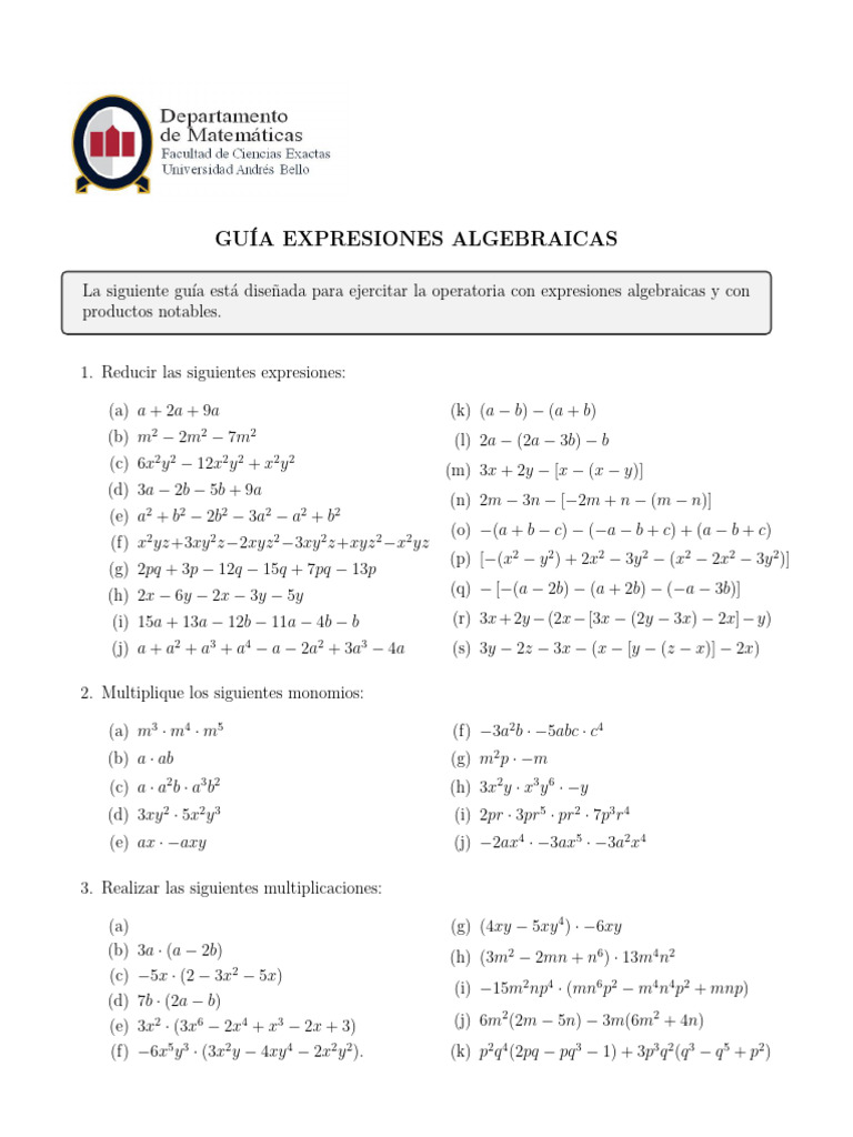 Guia Expr alg y prod notables | PDF