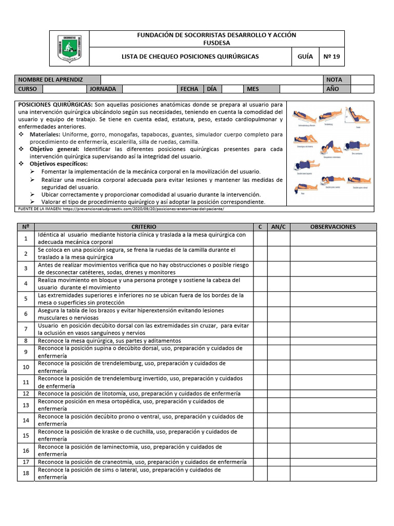19 - Lista de Chequeo Posiciones Quirurgicas | PDF | Especialidades Medicas