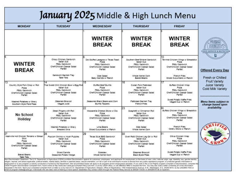 January 2025 Middle & High Lunch Menu | PDF | Sandwich | Salad