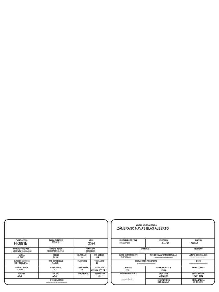 Registro de Vehículo: Detalles y Especificaciones | PDF | Tecnología de ...