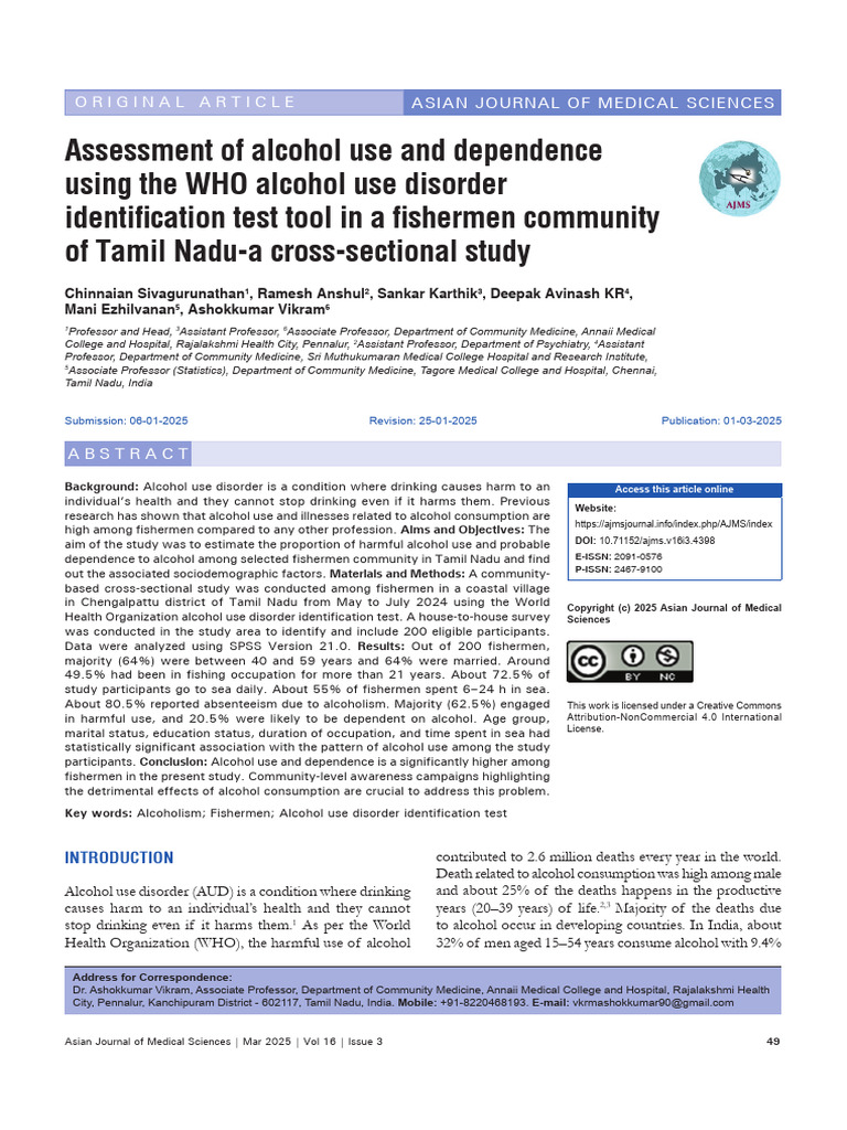 Assessment of Alcohol Use and Dependence Using The | PDF | Sample Size ...