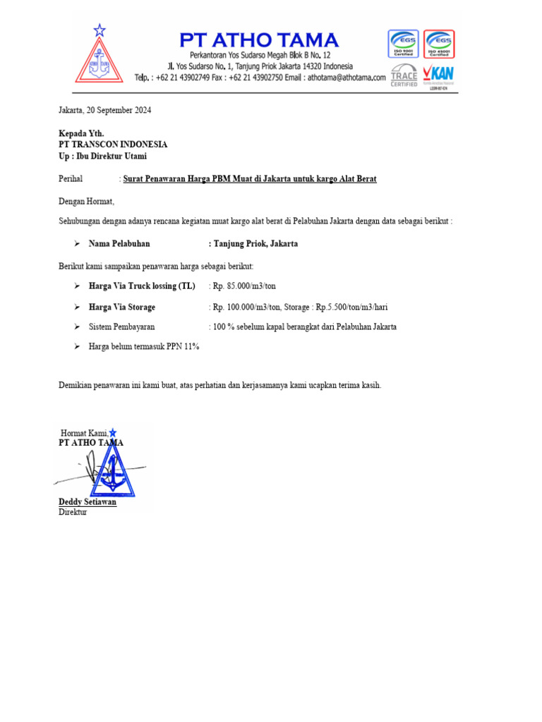 Surat Penawaran Harga PBM Muat Alat Berat - PT. Transcon Indonesia | PDF
