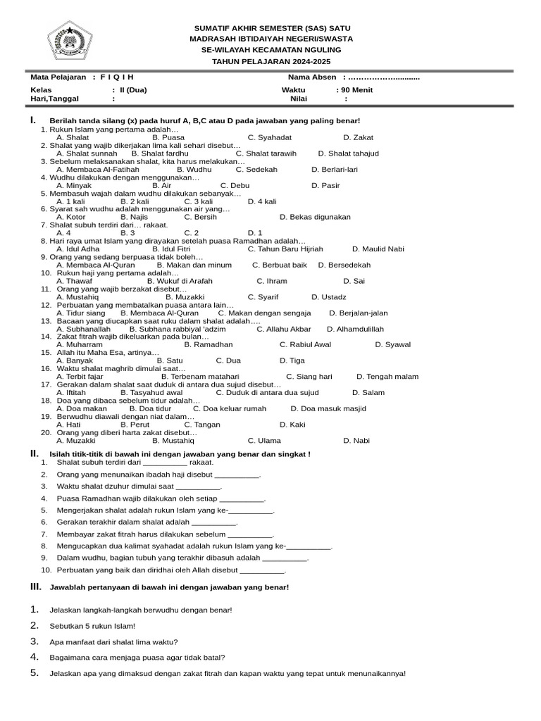 Soal Fiqih Kelas 2 Ganjil. | PDF