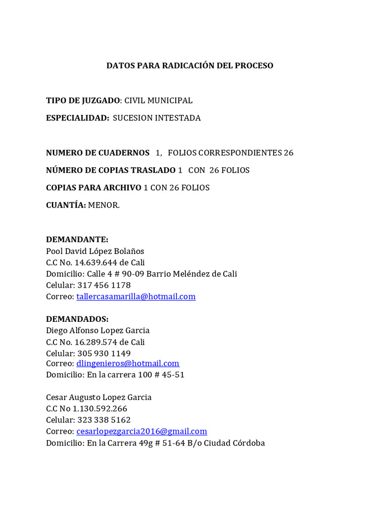 Demanda de Sucesion Diego Lopez | PDF | Herencia | Documentos legales