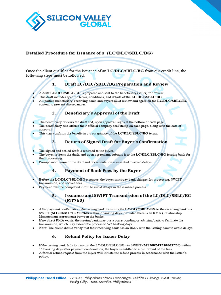 LC/DLC/SBLC/BG Issuance Procedure Guide | PDF | Letter Of Credit ...