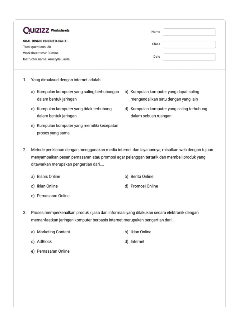 SOAL BISNIS ONLINE Kelas XI _ Quizizz | PDF