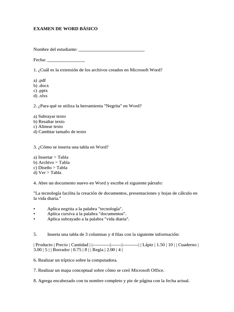 Examen de Word Básico | PDF