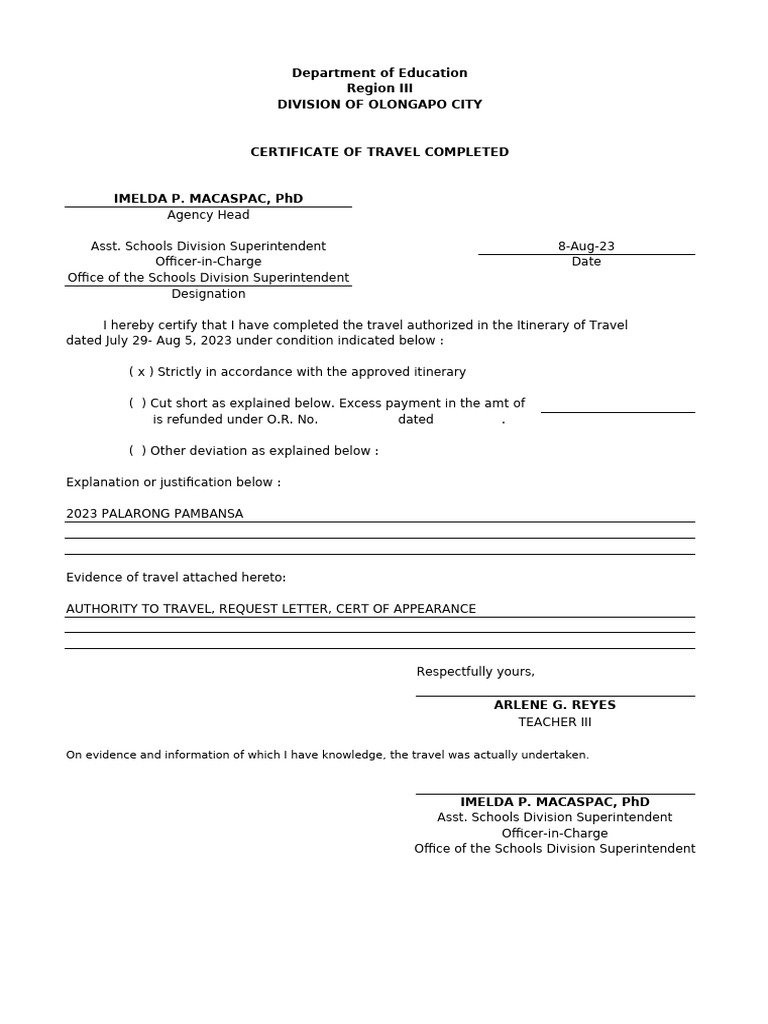 Travel Completion Certificate for Dr. Fontanares | PDF