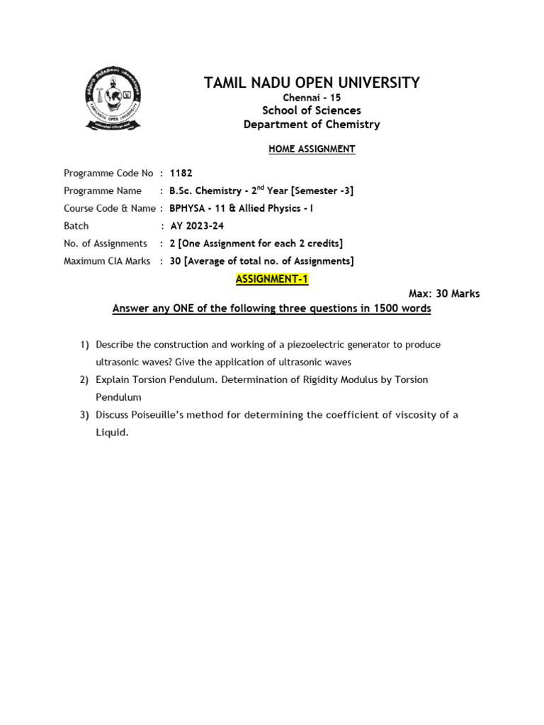 II UG Chemistry BPHYSA-11 Assignment-I | PDF