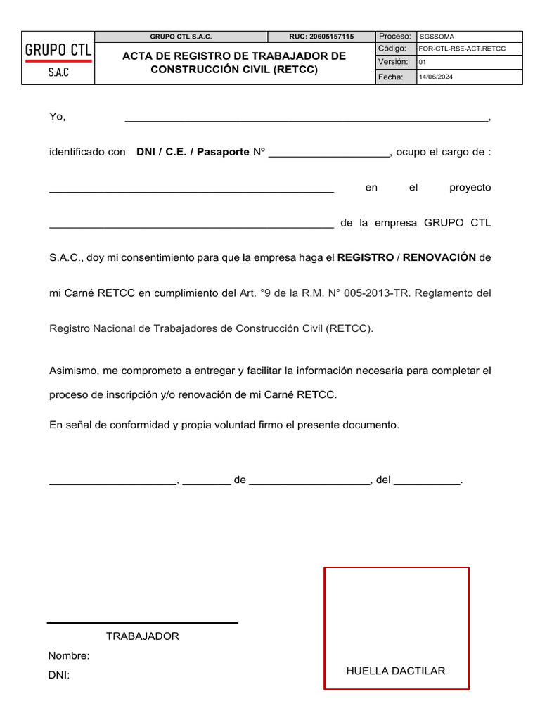 Registro de Trabajador RETCC 2024 | PDF