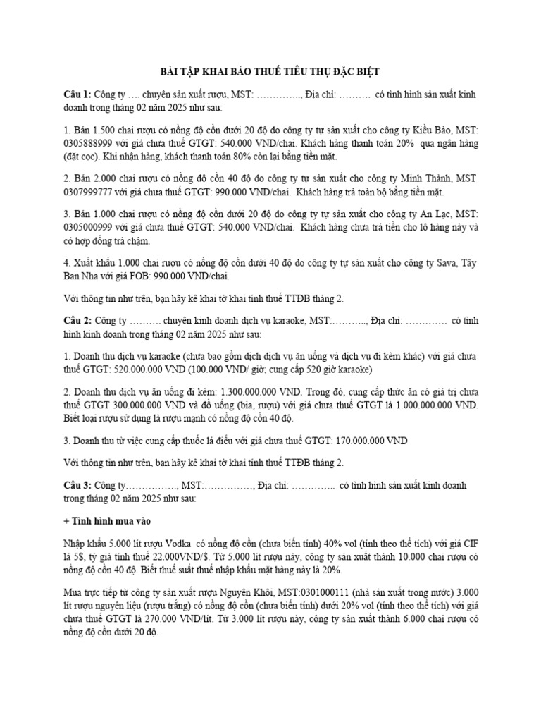 Bài tập khai thuế TTĐB trên HTKK | PDF