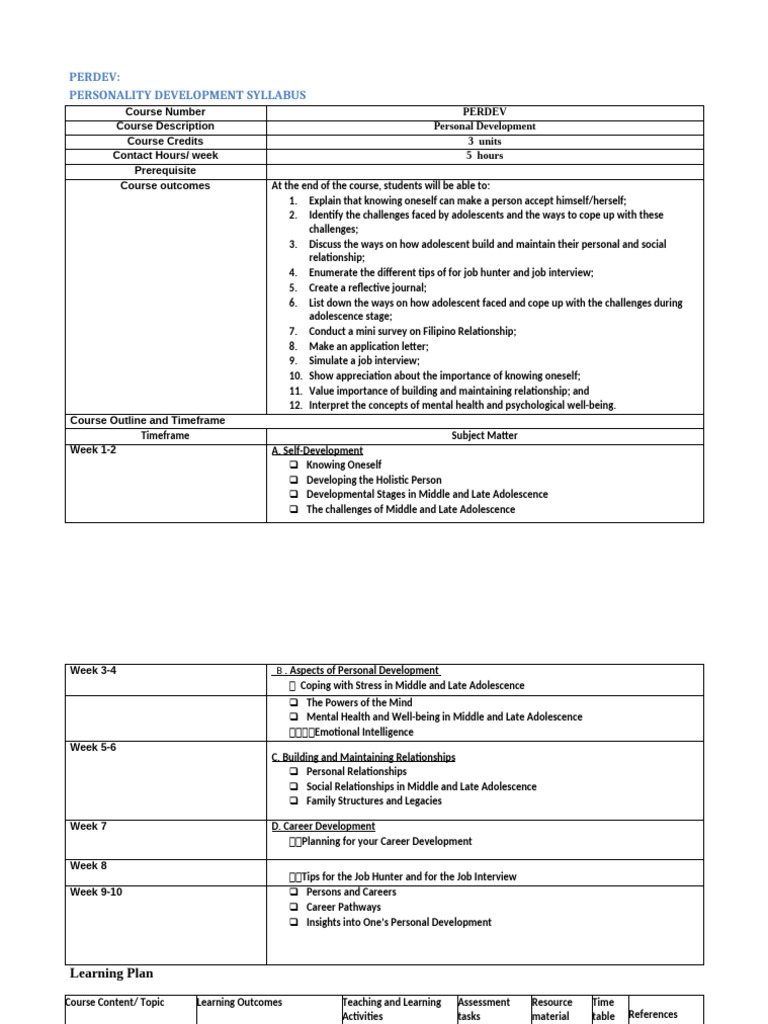 Personal Development Syllabus | PDF | Adolescence | Psychology