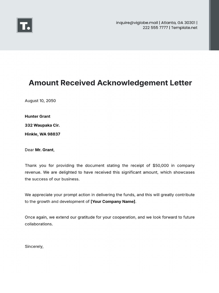 Amount Received Acknowledgement Letter Template | PDF
