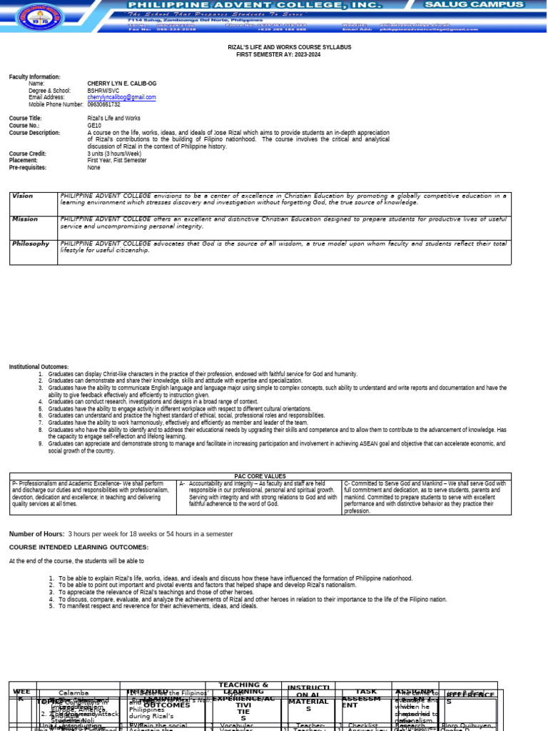 rizal-course-obe-syllabus | PDF | Philippines
