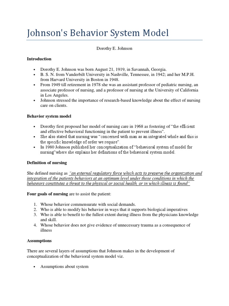 Johnson's Behavior System Model of Nursing | PDF | System | Aggression