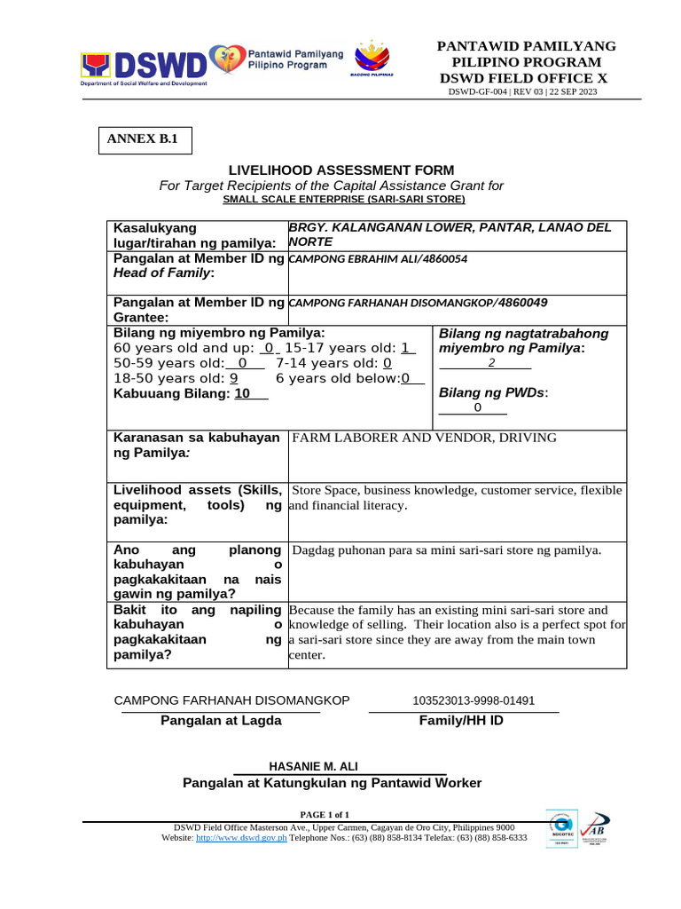 CAMPONG FARHANA-Annex B.1 - Livelihood Assessment Form | PDF