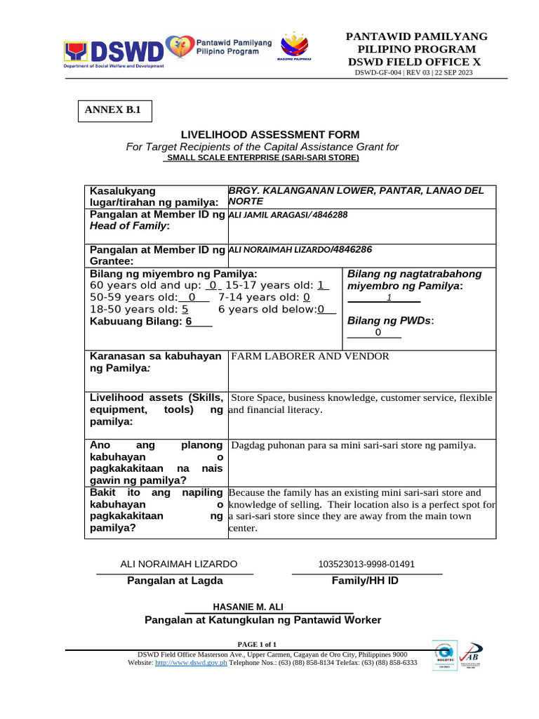 ALI NORAIMA-Annex B.1 - Livelihood Assessment Form | PDF