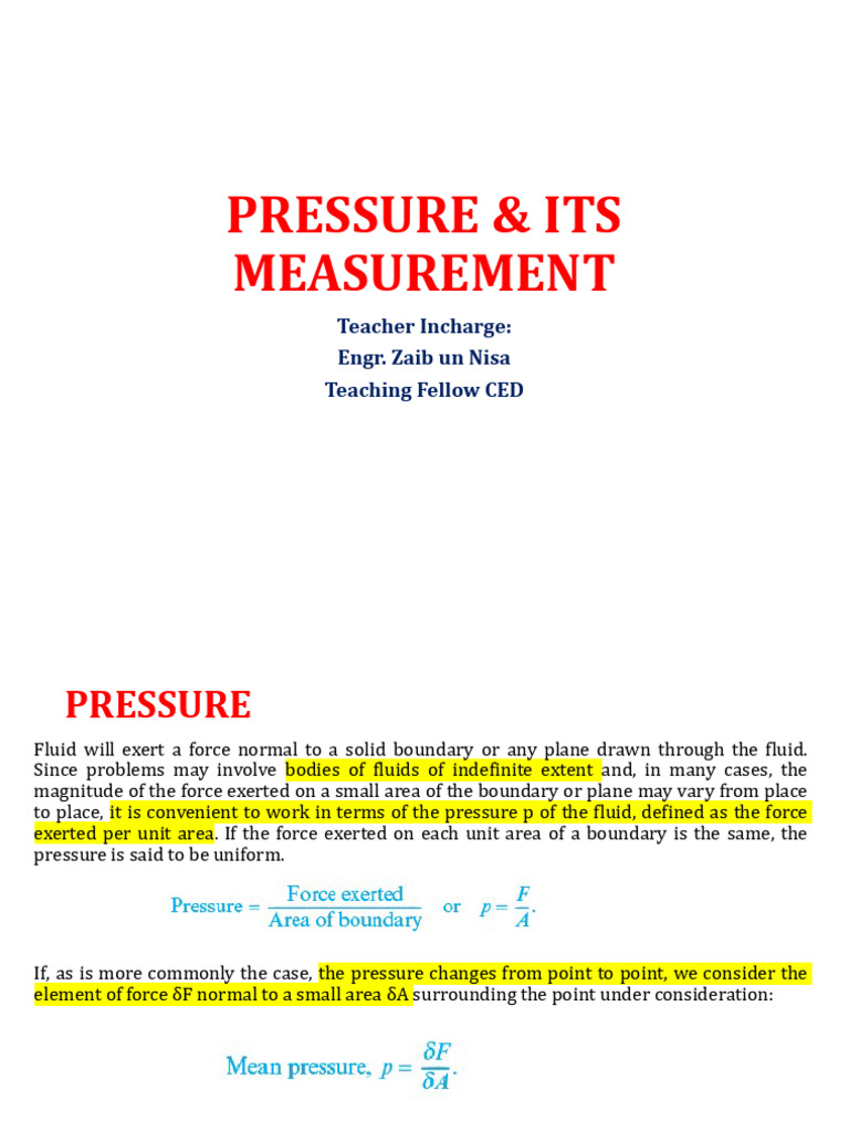 Lec-4 Pressure & Its Measurement Part A | PDF | Pressure Measurement | Pressure