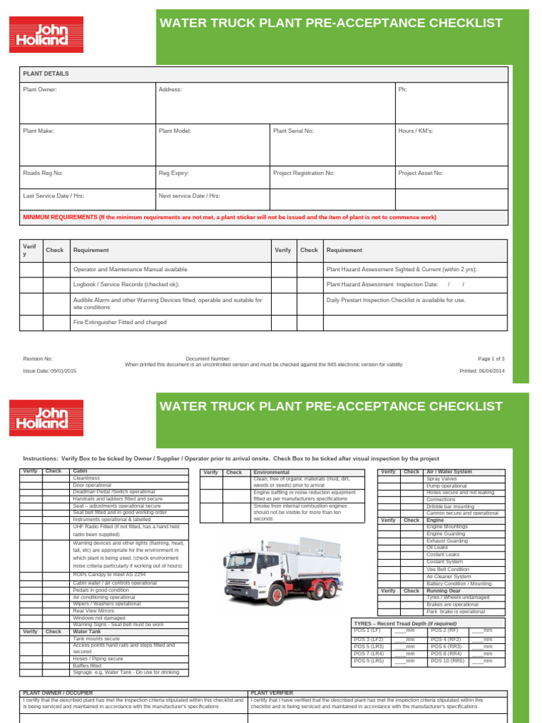 JH-FRM-PAE-001-68-WATER-TRUCK-PLANT-PRE-ACCEPTANCE-CHECKLIST (2) | PDF ...