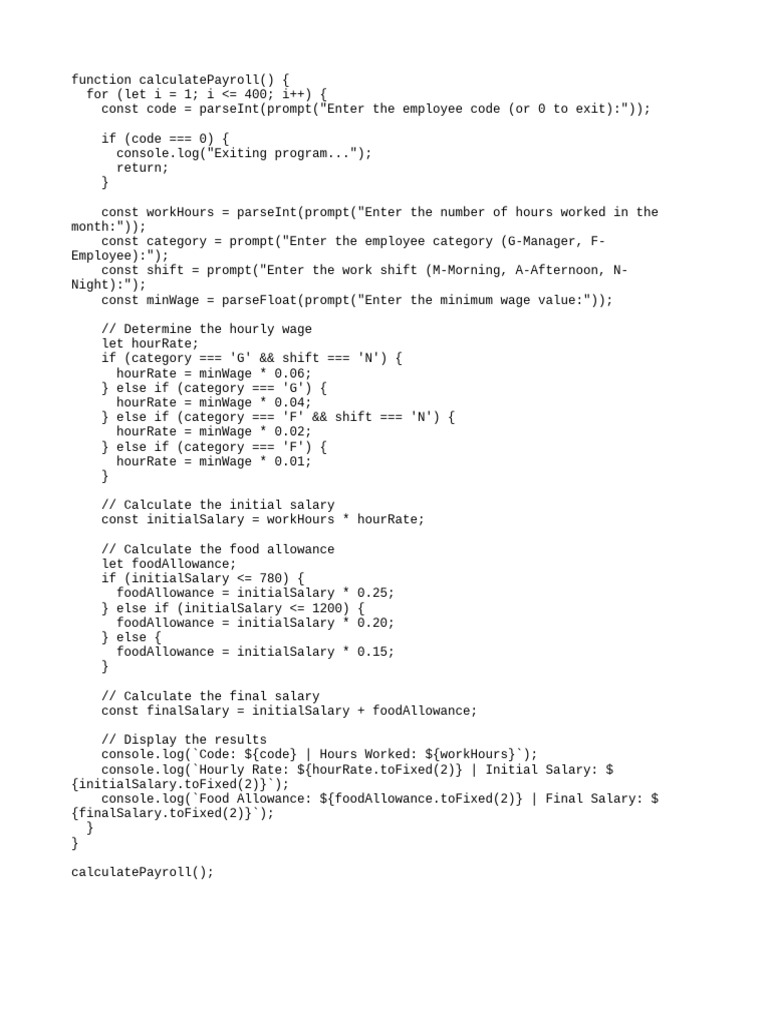 Payroll Calculation Function in JavaScript | PDF