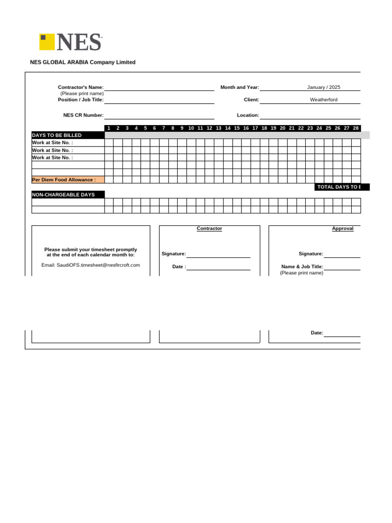 Time Sheet Template Feb-2025 - Weatherford | PDF | Employee Relations