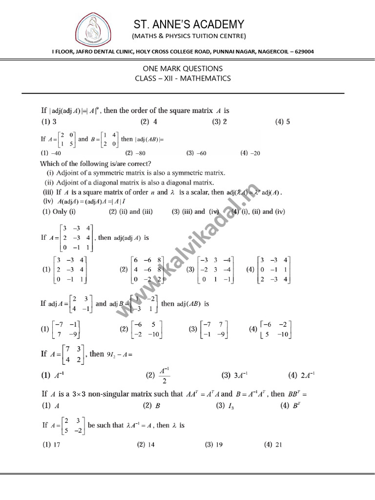 12th Std Maths One Mark Questions PDF | PDF