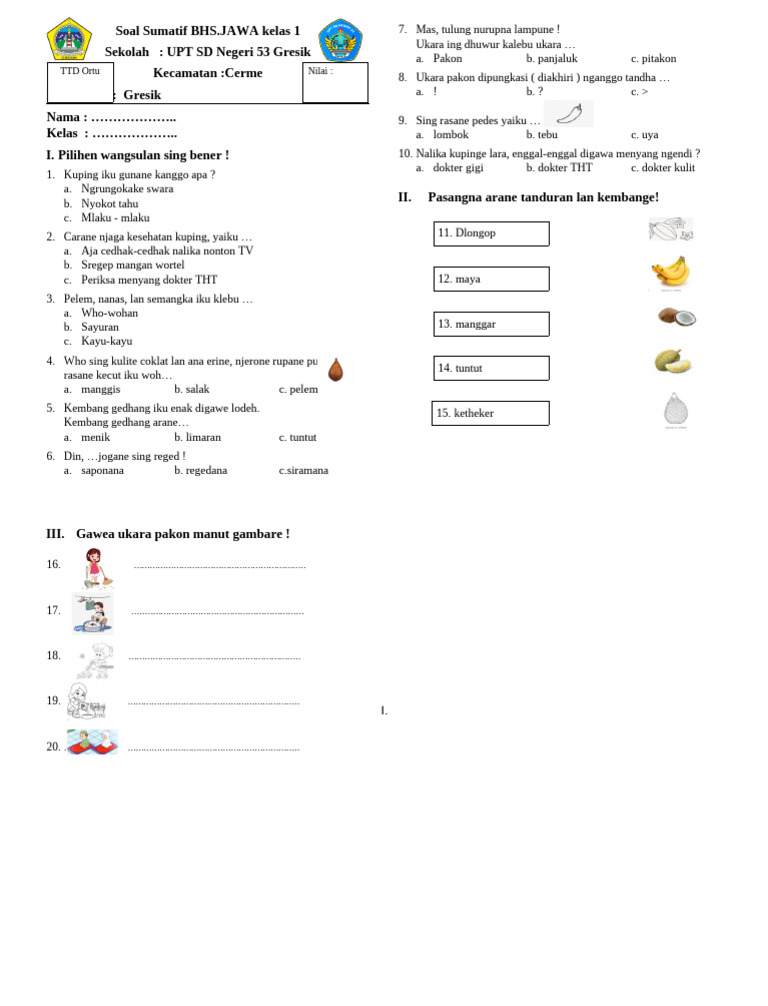 Soal Sumatif Bhs. Jawa Kelas 1 | PDF
