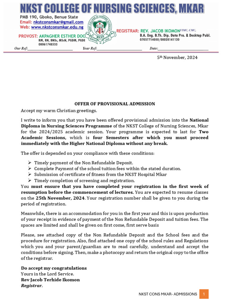 NKST Mkar Nursing Admission Details 2024 | PDF | Midwife
