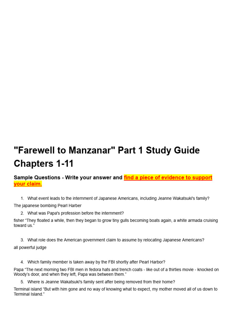 Anneke Anderson - Farewell To Manzanar Part 1 Study Guide - 19859867 | PDF
