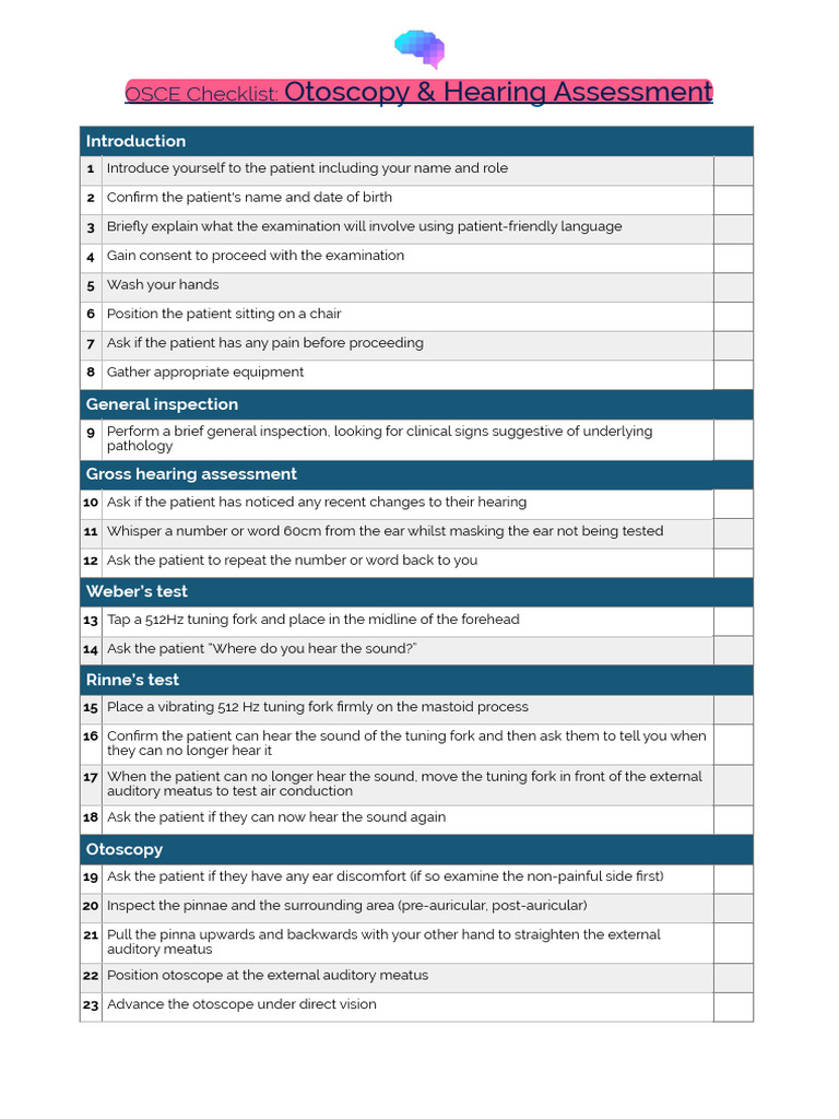 Ear Examination OSCE Checklist | PDF