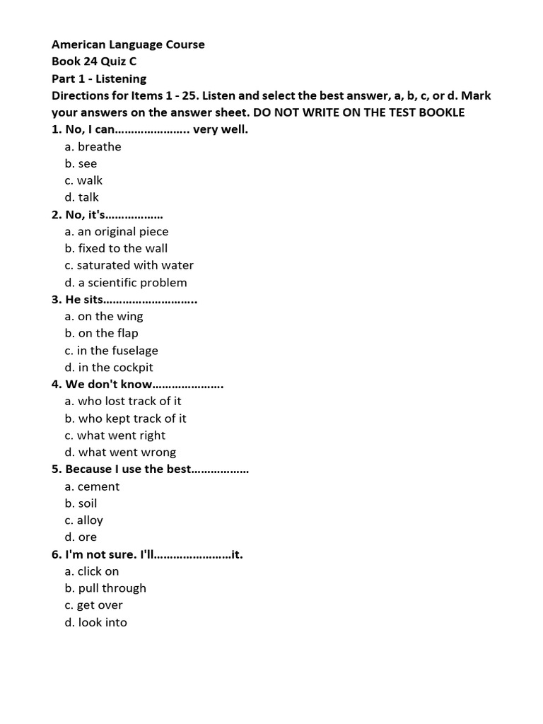 ALC Book 24 Quiz C: Listening & Reading | PDF
