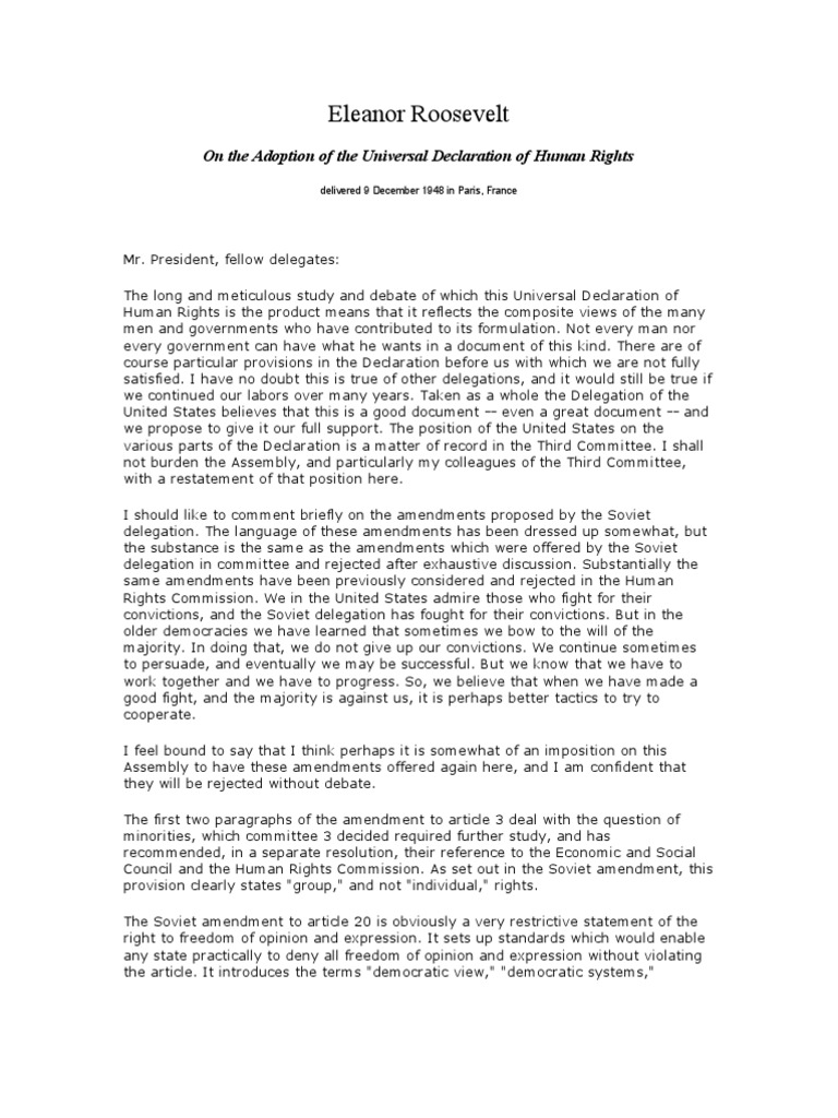 Eleanor Roosevelt Speech Script | Human Rights | Rights