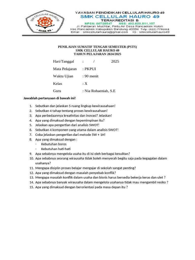 Soal Kwu PSTS Kelas X | PDF