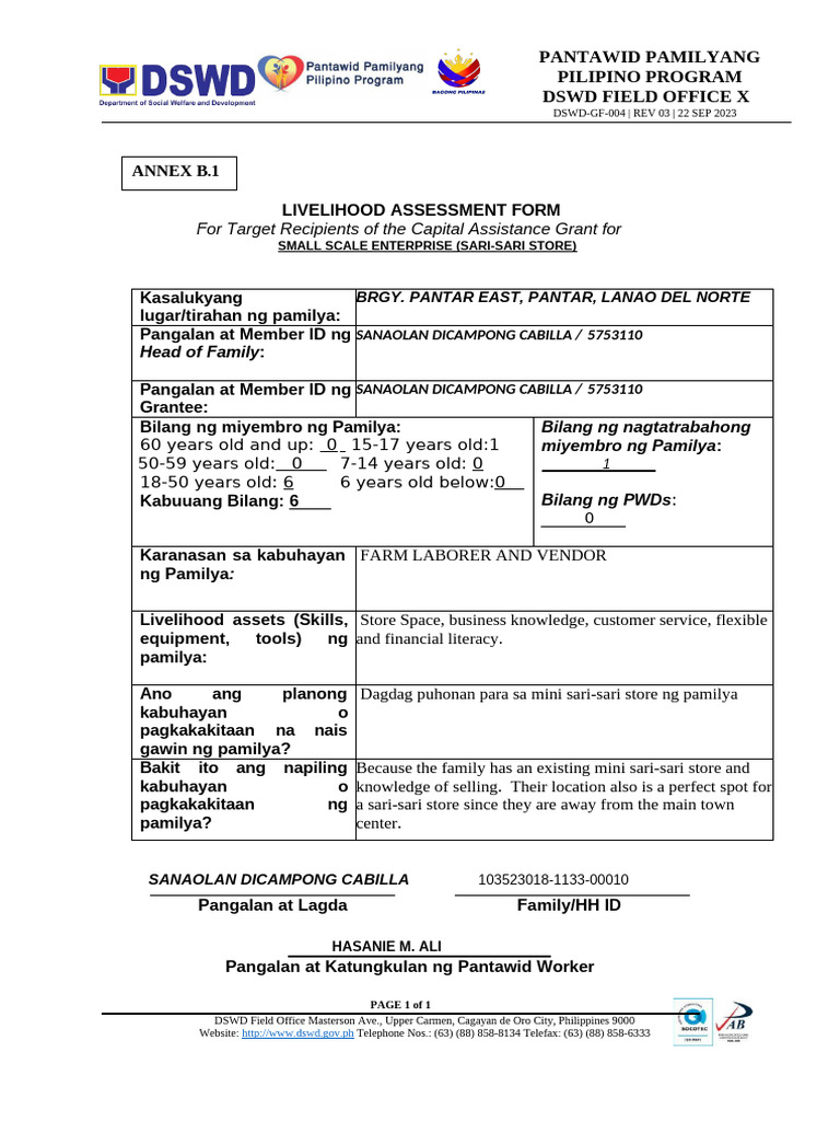 SANAOLAN CABILA-Annex B.1 - Livelihood Assessment Form | PDF