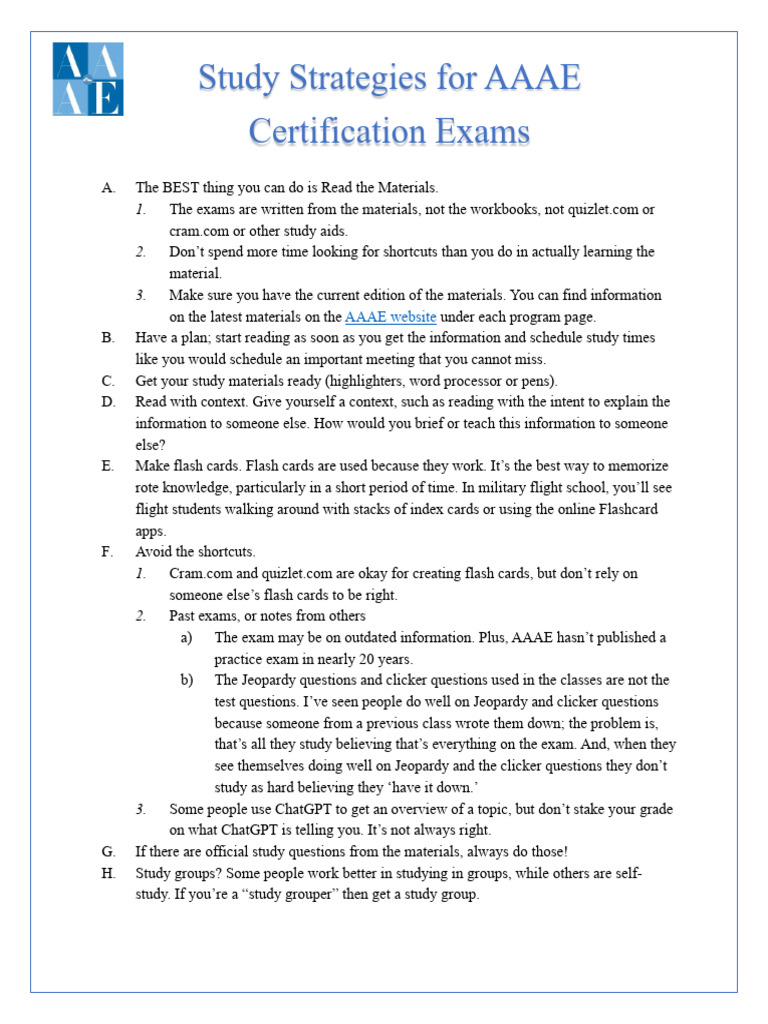 Study Strategies For AAAE Certification Exams | PDF