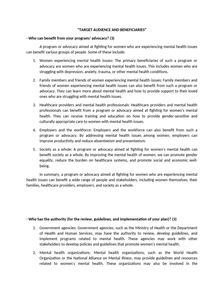 Target Audience and Beneficiaries | PDF | Mental Health | Health Care