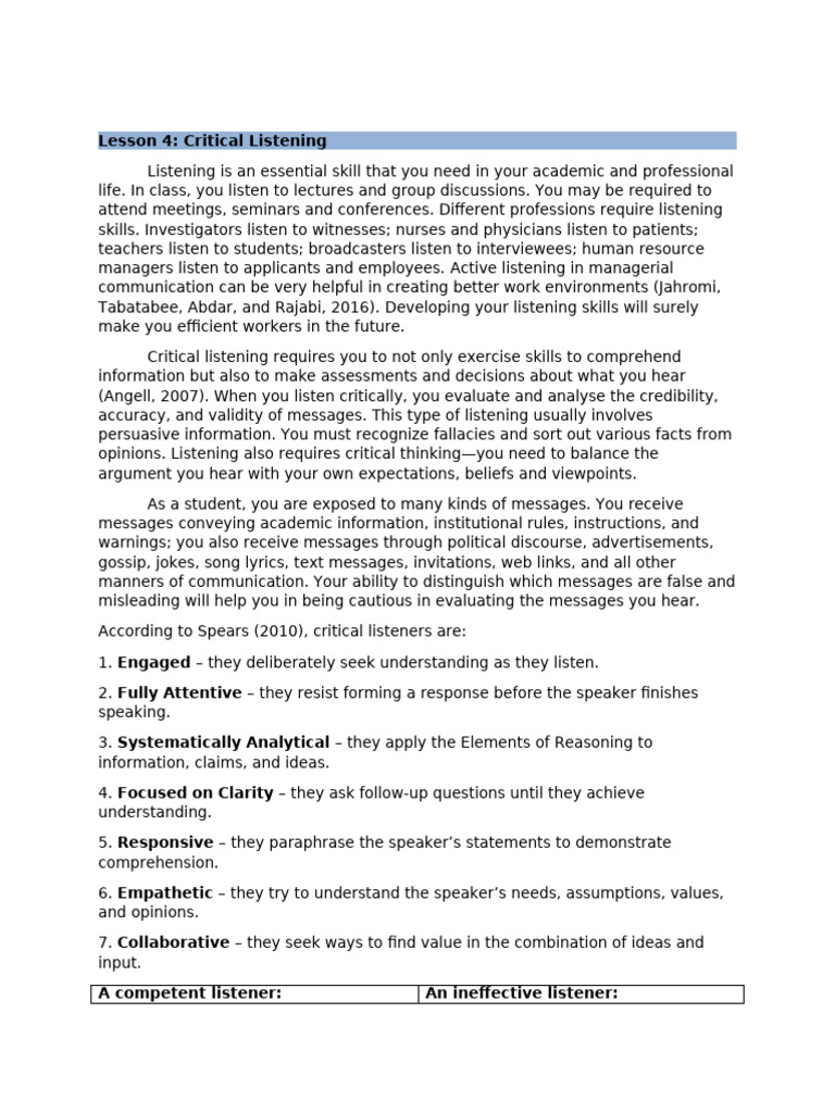 Mastering Critical Listening Skills | PDF | Nonverbal Communication ...