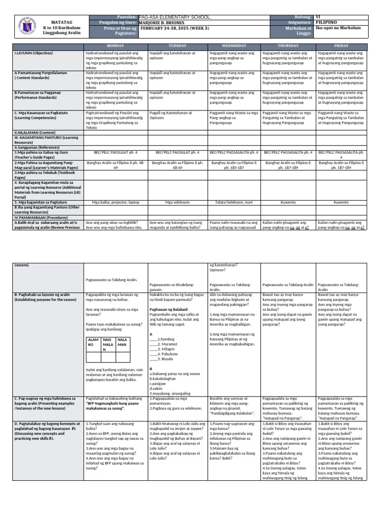 DLL_FILIPINO 6_Q4_W3 | PDF