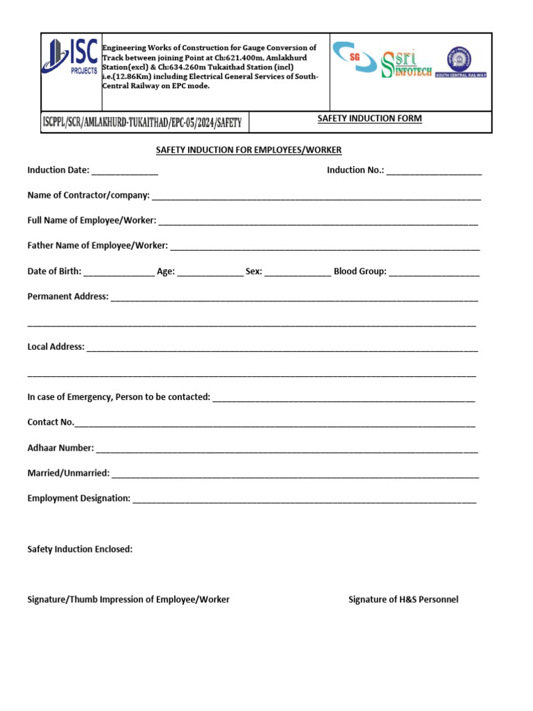 Safety Induction Form Tukaithad | PDF