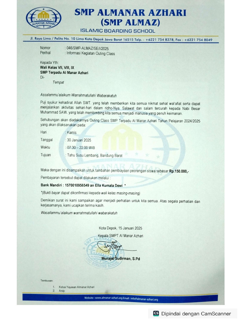 Surat Edaran Kegiatan Outing Class | PDF