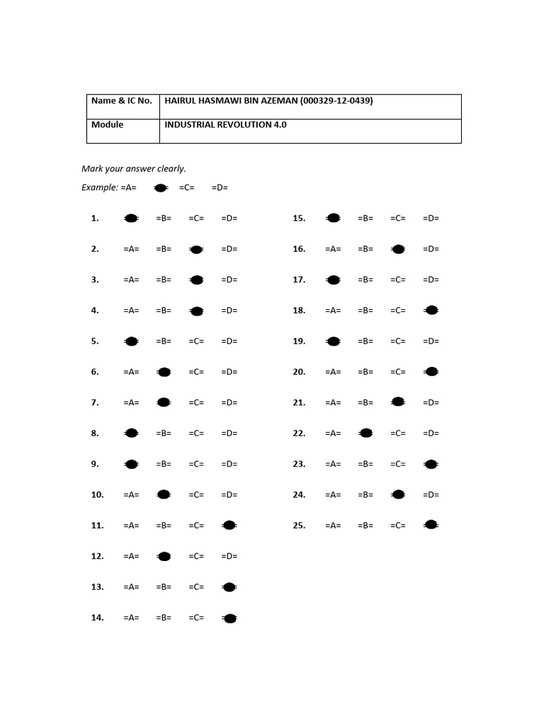 Answer Sheet For Class Test Industrial Revolution 4.0 - Hairul | PDF