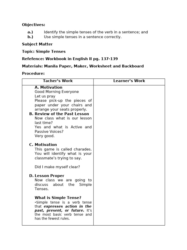 Lesson Plan Simple Tenses | PDF | Verb | Grammatical Tense