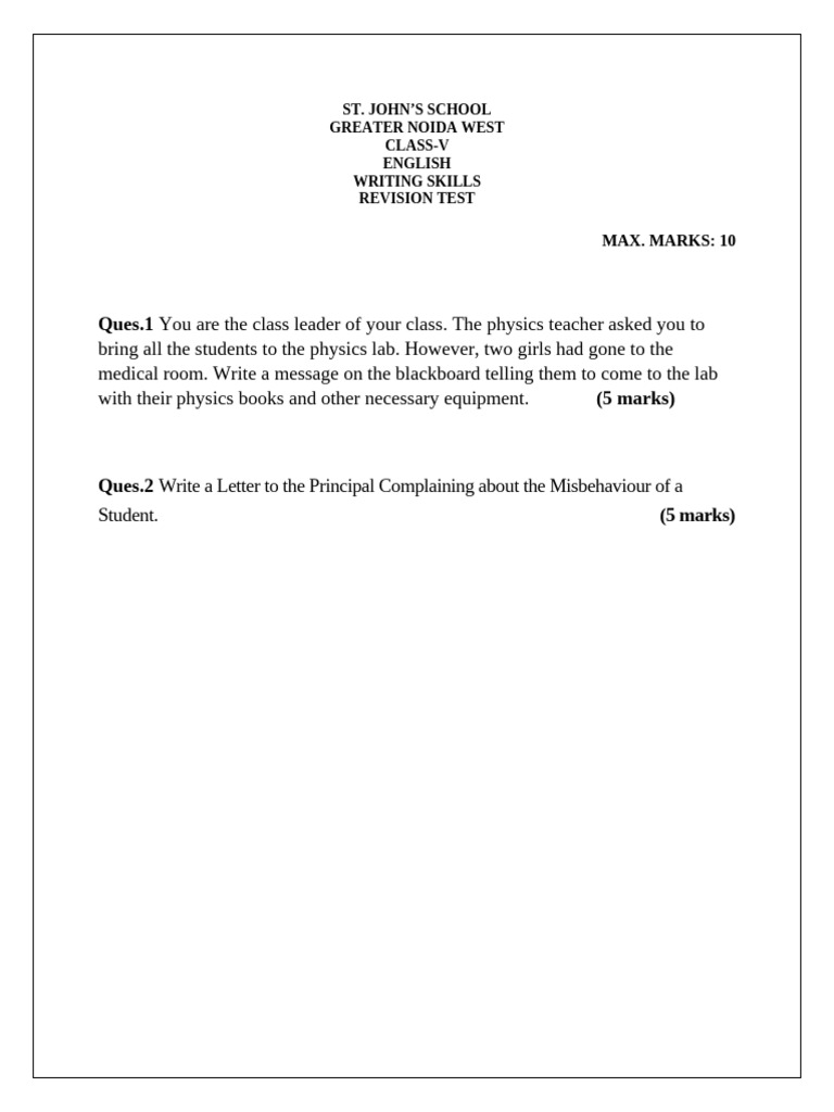 Class 5 English Writing Skills Test | PDF