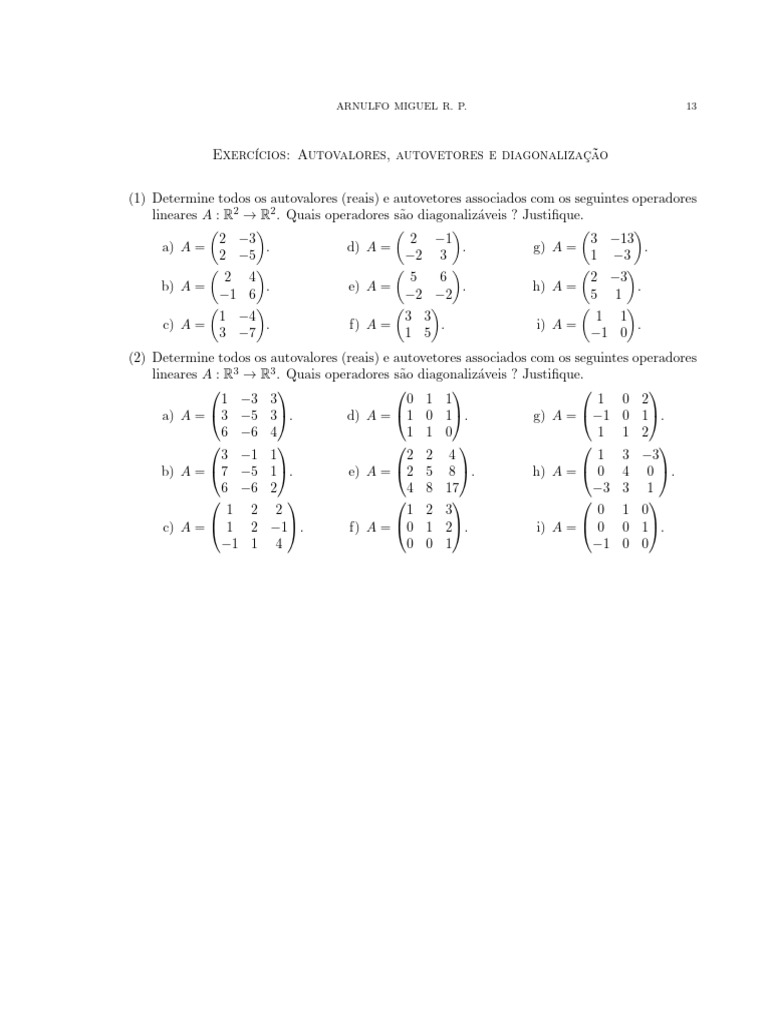 Lista autovalores e autovetores GAAL UFMG 2024/2 | PDF | Autovalores e autovetores | Álgebra linear