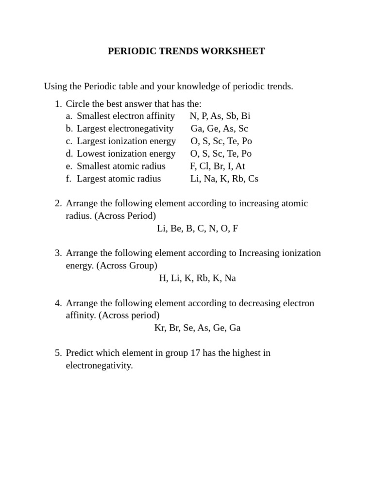 Periodic Trends Worksheet | PDF
